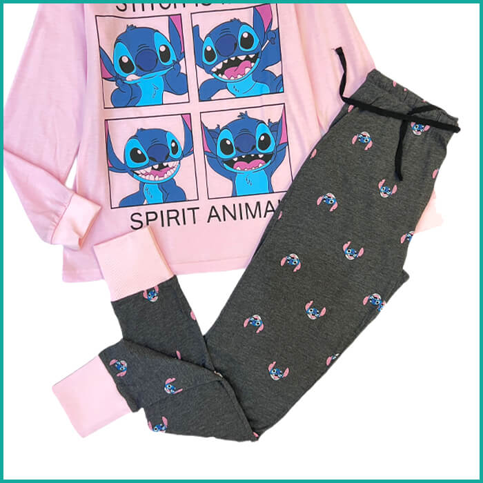 Stitch Ladies Cotton Pajama Set - Pink Black - Mchakky