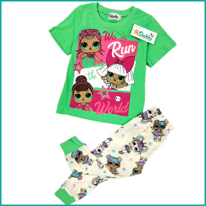 LOL Run Girls Half Sleeves Pajama Set - Green White - Mchakky