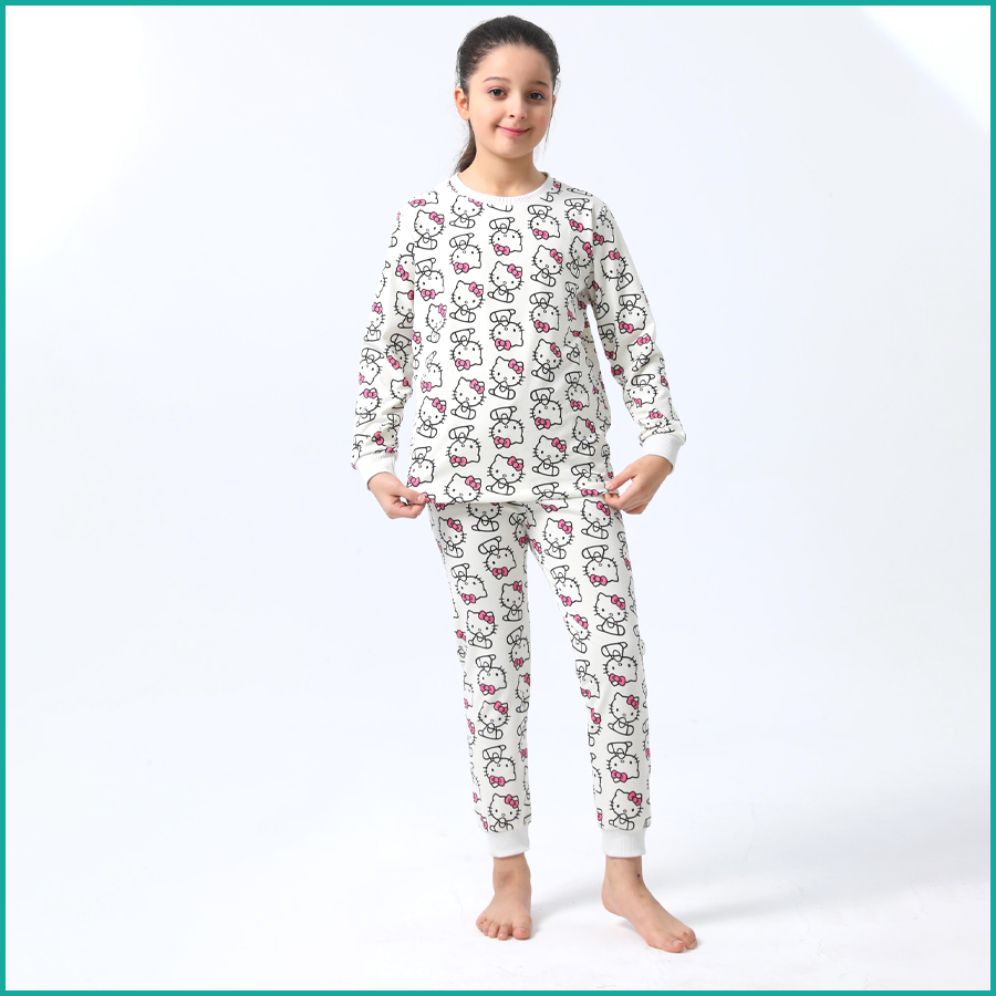 Kitty Girls Cotton Full Sleeves Pajama Set - White - Mchakky